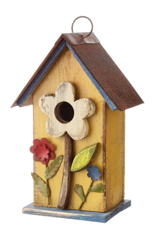 GLITZHOME 10"h Multicolor Cute Distressed Solid Wood Birdhouse With 3d Flowers - Yellow