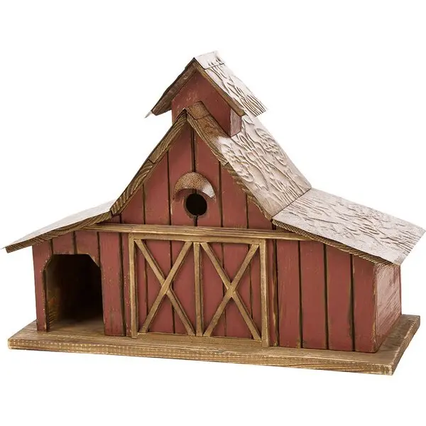 GLITZHOME 20.75"l Extra- Rustic Wood Barn Birdhouse - Red