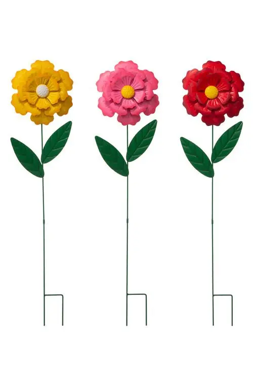 GLITZHOME 39.5"h Set Of 3 Metal Dimensional Flowers Yardstake - Red
