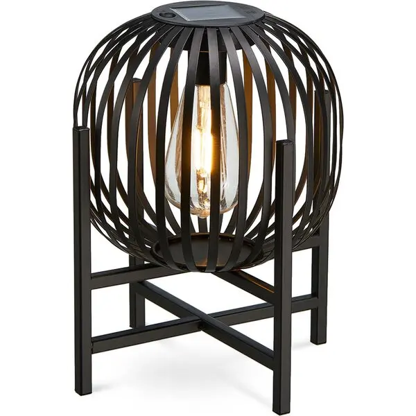 GLITZHOME Metal Woven Edison Bulb Solar Powered Outdoor Lantern With Stand - Black