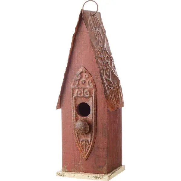 GLITZHOME 13.25"h Retro Wooden Distressed Garden Birdhouse - Red