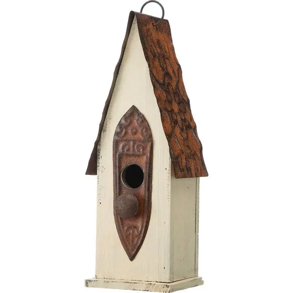 GLITZHOME 13.25"h Retro Wooden Distressed Garden Birdhouse - White