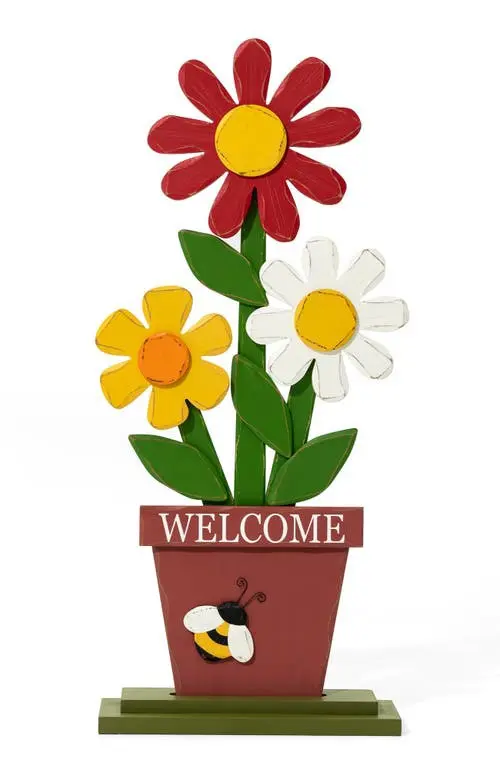 GLITZHOME Wooden Trio Flowers Welcome Porch Décor - Red