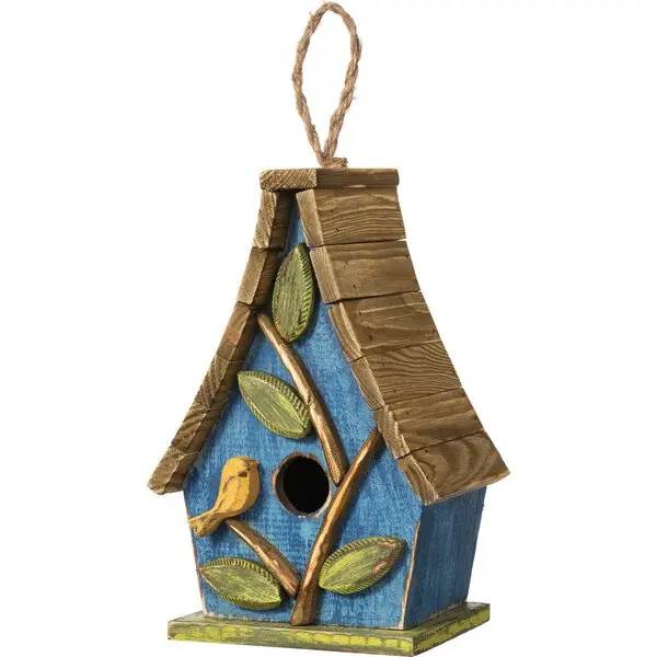 GLITZHOME 9.5"h Distressed Solid Wood Birdhouse With 3d Leaves - Blue