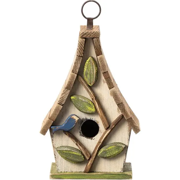 GLITZHOME 9.5"h Distressed Solid Wood Birdhouse With 3d Leaves - White