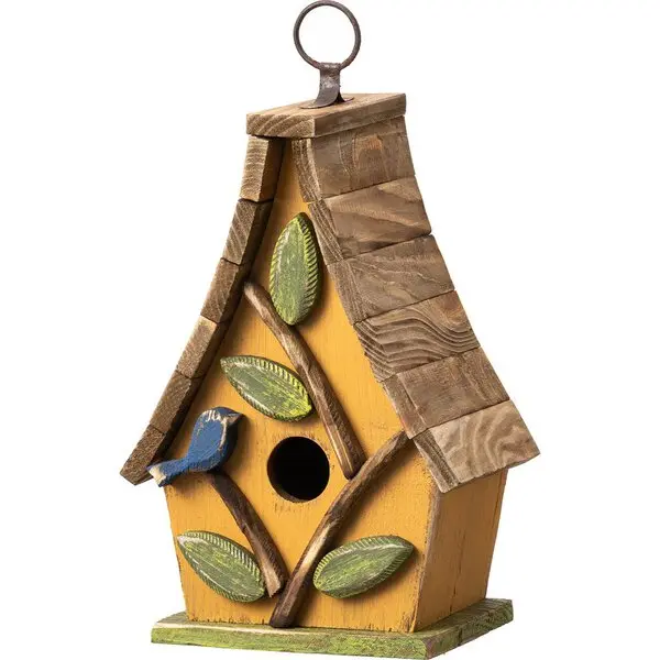 GLITZHOME 9.5"h Distressed Solid Wood Birdhouse With 3d Leaves - Yellow