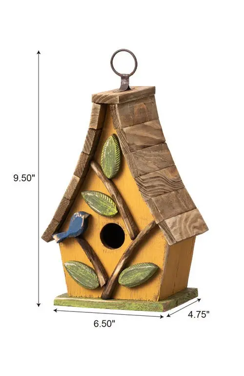 GLITZHOME 9.5"h Distressed Solid Wood Birdhouse With 3d Leaves - Yellow