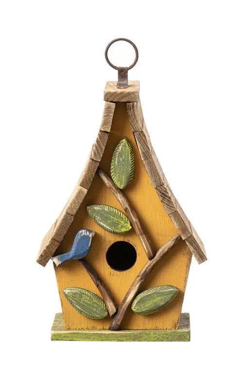 GLITZHOME 9.5"h Distressed Solid Wood Birdhouse With 3d Leaves - Yellow