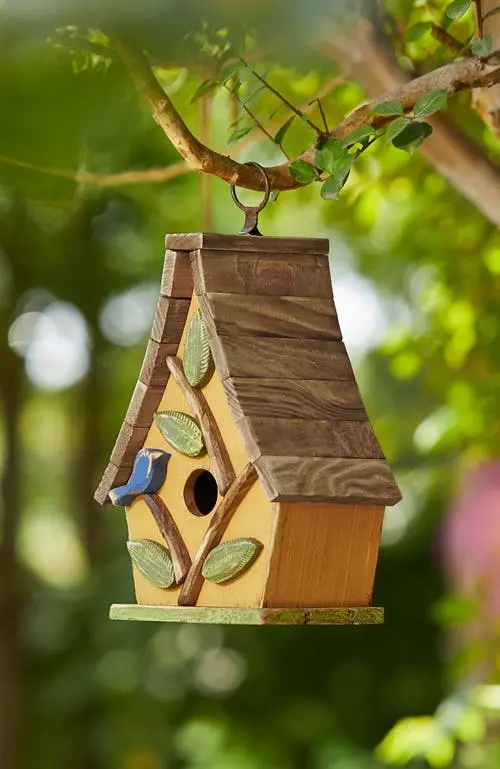 GLITZHOME 9.5"h Distressed Solid Wood Birdhouse With 3d Leaves - Yellow