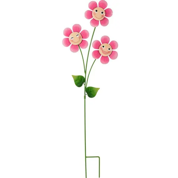 GLITZHOME 36"h Garden Metal Triple Happy Face Flower Yardstake Or Wall Decor - Pink
