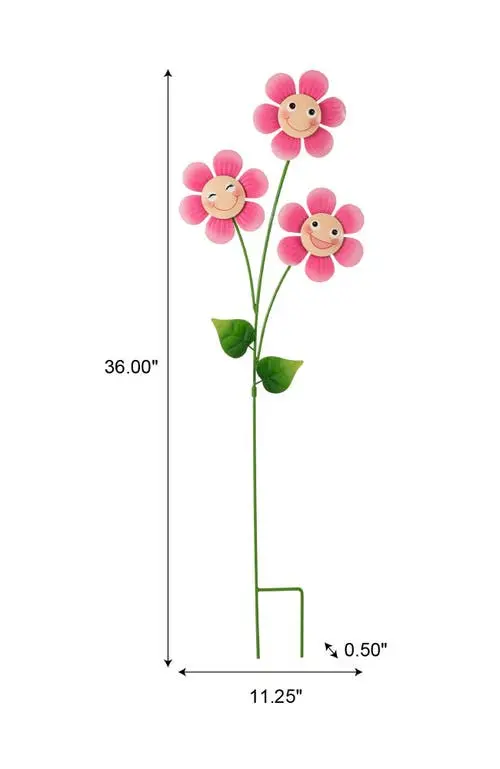 GLITZHOME 36"h Garden Metal Triple Happy Face Flower Yardstake Or Wall Decor