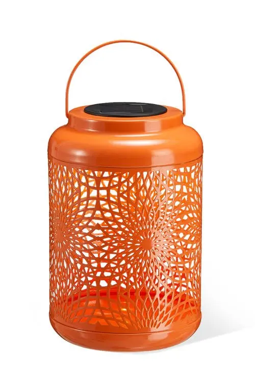 GLITZHOME Metal Cutout Scrollwork Solar Powered Outdoor Hanging Lantern With Led Light - Orange