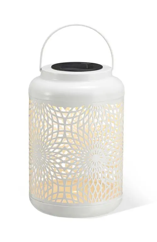 GLITZHOME Metal Cutout Scrollwork Solar Powered Outdoor Hanging Lantern With Led Light - White
