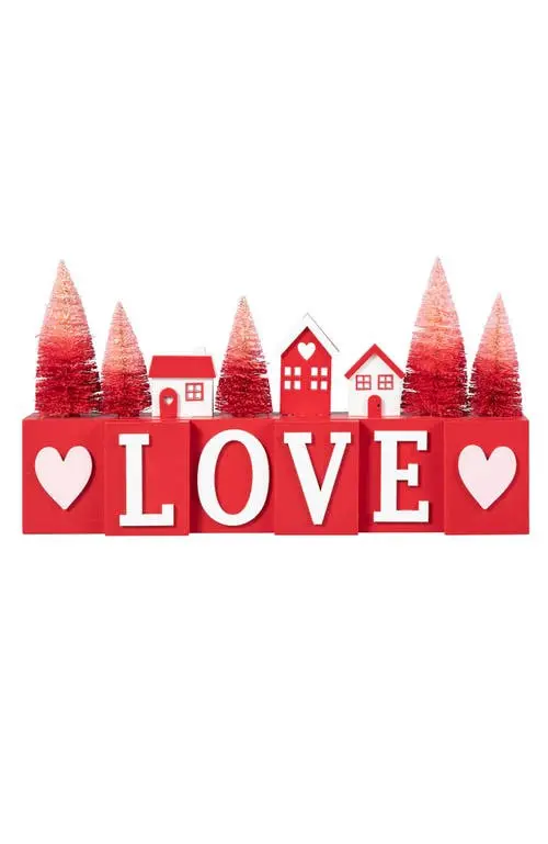 GLITZHOME 14"l Valentine's Wooden House Brush Trees Love Table Decor - Red