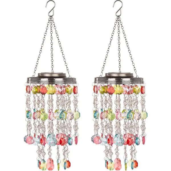 GLITZHOME Set Of 2 Solar Lighted Acrylic Jewel Beaded Wind Chime Or Chandelier Hanging Decor - Red