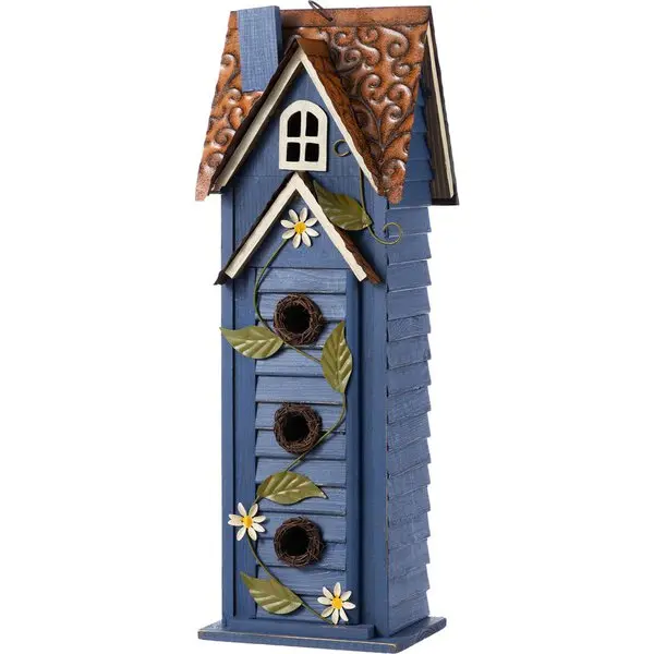 GLITZHOME 24.25"h Oversized 3-tiered Solid Wood Villa Decorative Outdoor Garden Birdhouse - Blue