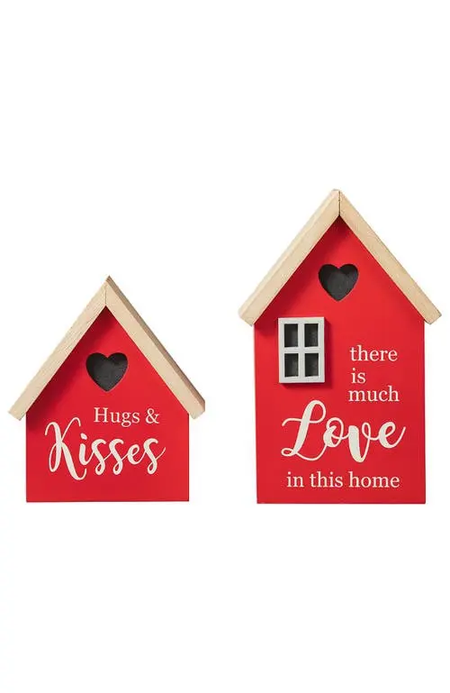 GLITZHOME Set Of 2 Lighted Valentine's Wooden House-shaped Table Decor - Red