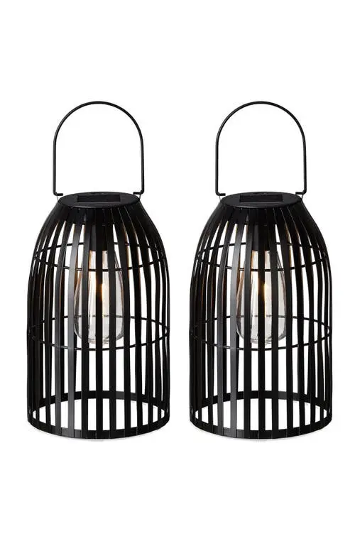 GLITZHOME Set Of 2 Metal Woven Solar Powered Outdoor Hanging Lantern With Edison Bulb - Black