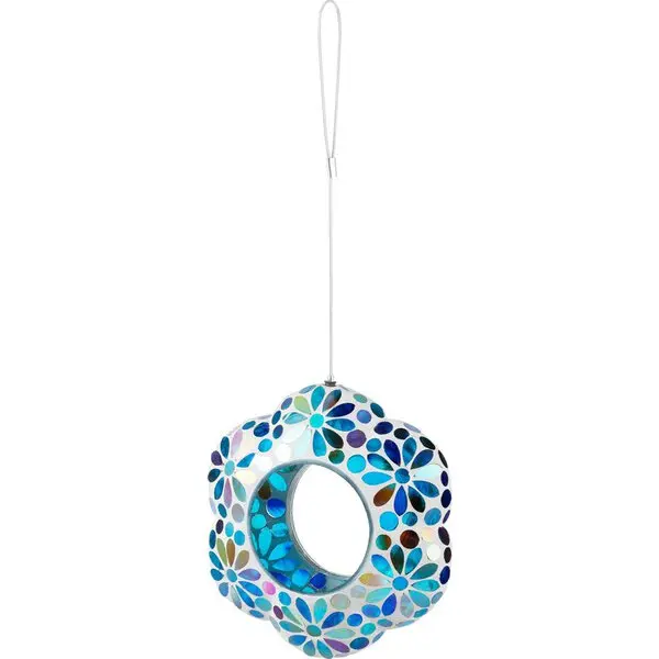 GLITZHOME 8.5"d Glass Flower Shaped Hanging Mosaic Birdfeeder - Blue