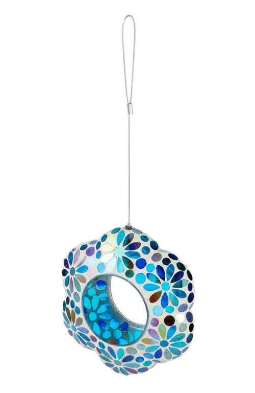 GLITZHOME 8.5"d Glass Flower Shaped Hanging Mosaic Birdfeeder