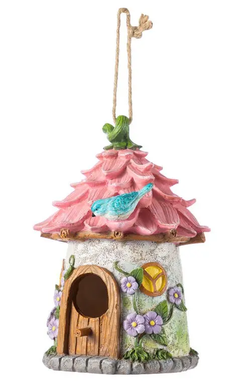 GLITZHOME 9"h Resin Colorful Roof Outdoor Garden Birdhouse - Pink