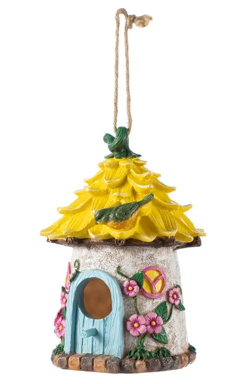 GLITZHOME 9"h Resin Colorful Roof Outdoor Garden Birdhouse - Yellow