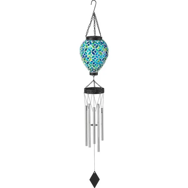 GLITZHOME 37"h Solar Lighted Metal And Glass Mosaic Windchime - Green