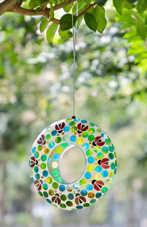 GLITZHOME Glass Round Hanging Multi-color Mosaic Birdfeeders