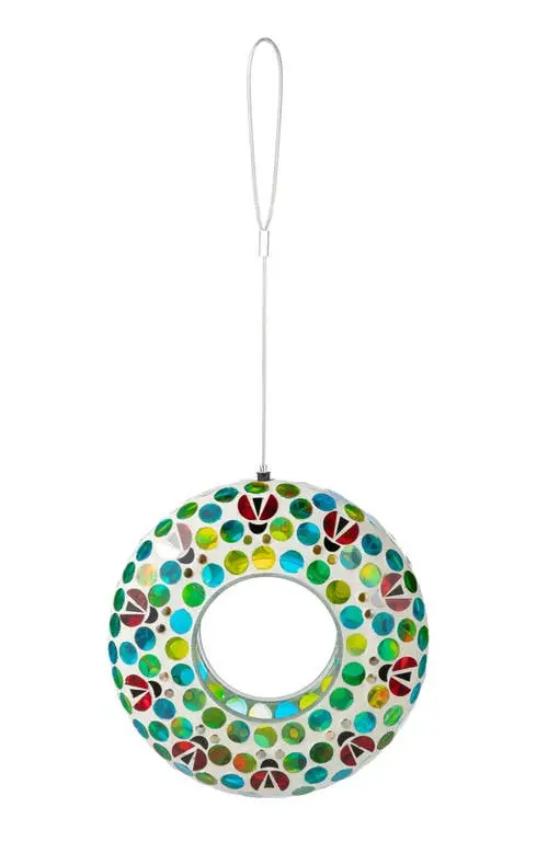 GLITZHOME Glass Round Hanging Multi-color Mosaic Birdfeeders