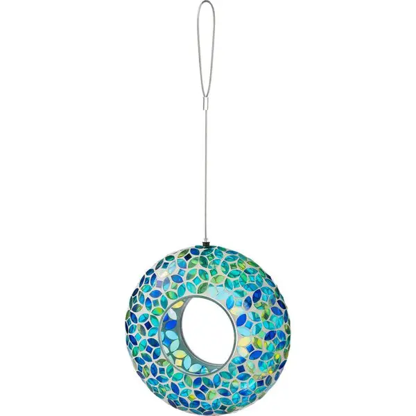 GLITZHOME Glass Round Hanging Multi-color Mosaic Birdfeeders - Green