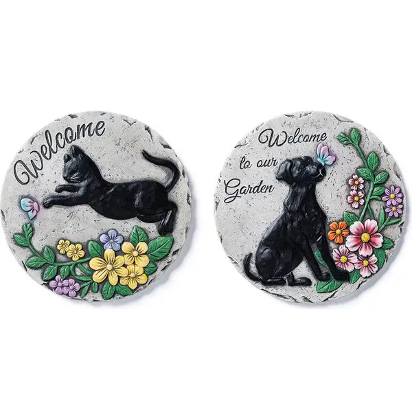 GLITZHOME Set Of 2 Cement Cat And Dog Textured Stepping Stones - Black