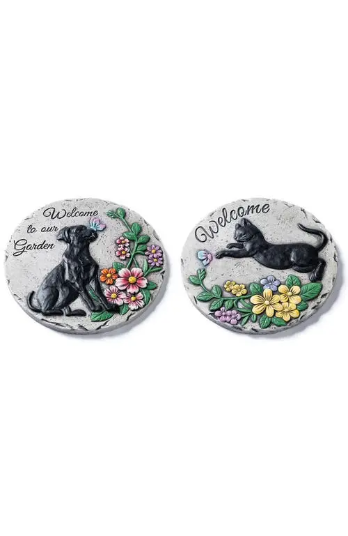 GLITZHOME Set Of 2 Cement Cat And Dog Textured Stepping Stones