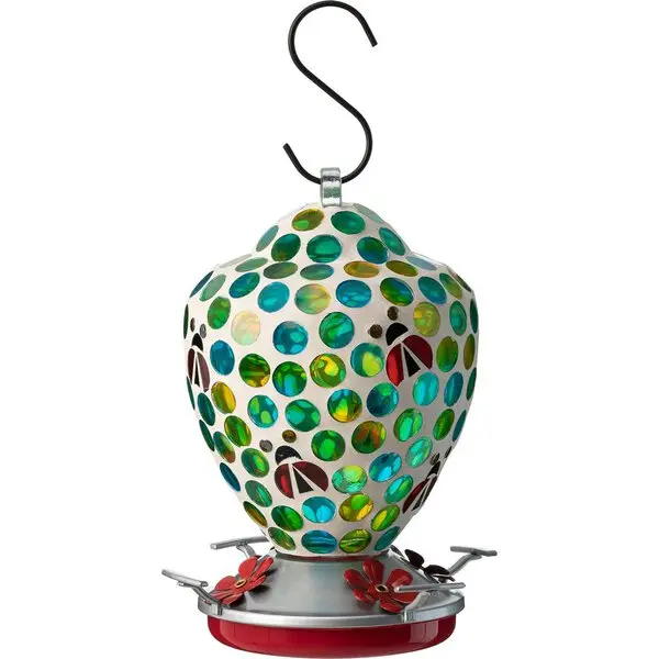 GLITZHOME 8.25"h Glass Hanging Dots & Ladybugs Mosaic Birdfeeder - Green