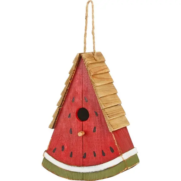 GLITZHOME 11"h Distressed Solid Wood Watermelon Birdhouse - Red