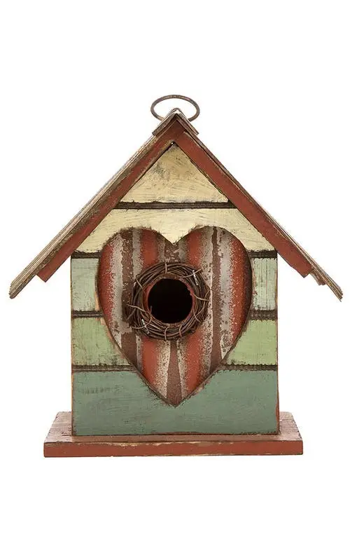 GLITZHOME 8.75"h Distressed Solid Wood Birdhouse With Heart - Red