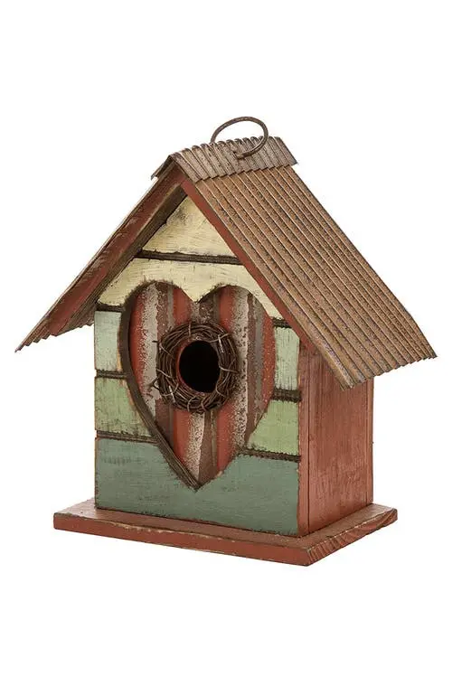 GLITZHOME 8.75"h Distressed Solid Wood Birdhouse With Heart