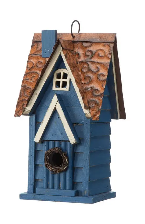 GLITZHOME 12"h Retro Distressed Painted Solid Wood Cottage Birdhouse - Blue