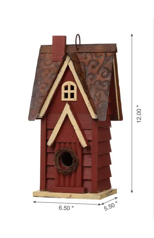 GLITZHOME 12"h Retro Distressed Painted Solid Wood Cottage Birdhouse - Red