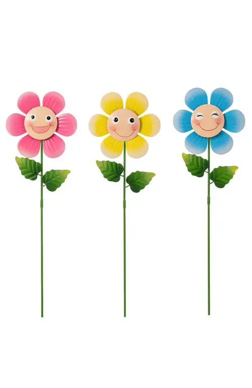 GLITZHOME Set Of 3 Metal Happy Face Flower Hydrangea Picks Wall Decor - Blue
