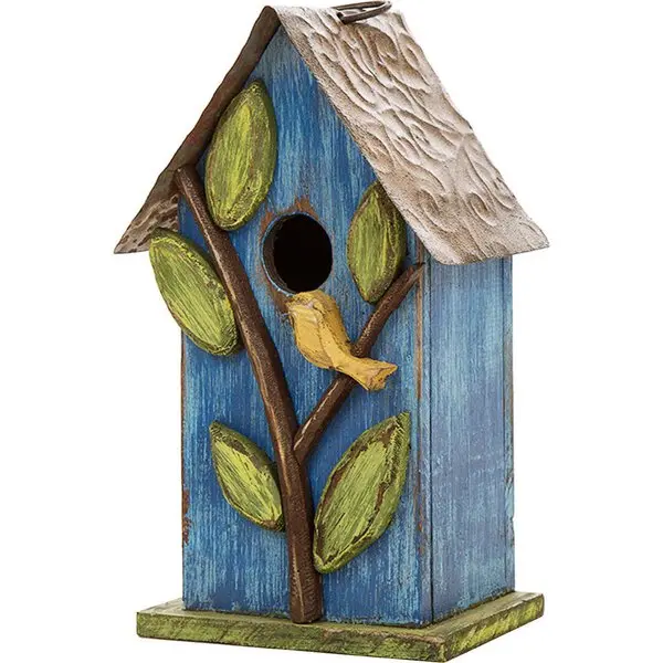GLITZHOME 10"h Multicolor Cute Distressed Solid Wood Birdhouse With 3d Flowers - Blue