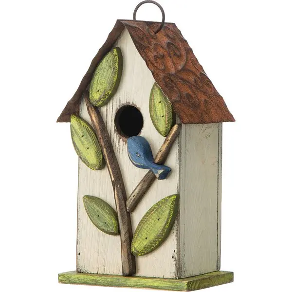 GLITZHOME 10"h Multicolor Cute Distressed Solid Wood Birdhouse With 3d Flowers - White