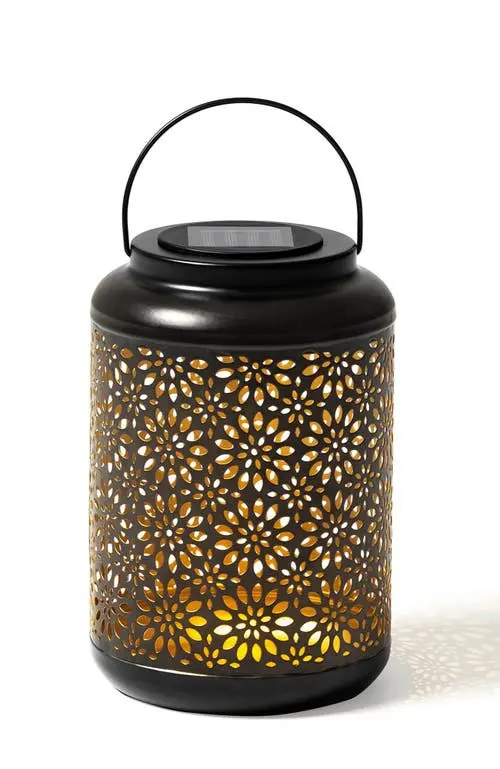 GLITZHOME Metal Cutout Flower Solar Powered Outdoor Hanging Lantern With Led Light - Black