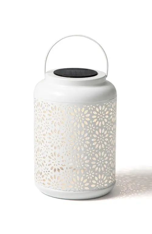 GLITZHOME Metal Cutout Flower Solar Powered Outdoor Hanging Lantern With Led Light - White