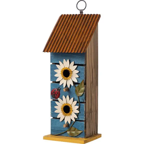 GLITZHOME 15"h Solid Wood And Metal Daisy Decorative Outdoor Garden Birdhouse - Blue