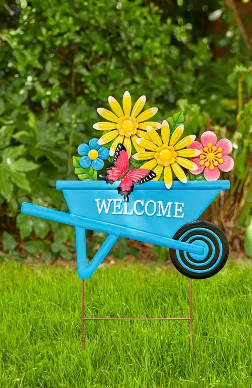 GLITZHOME 30"h Metal Spring Garden Cart Yardstake Or Wall Décor