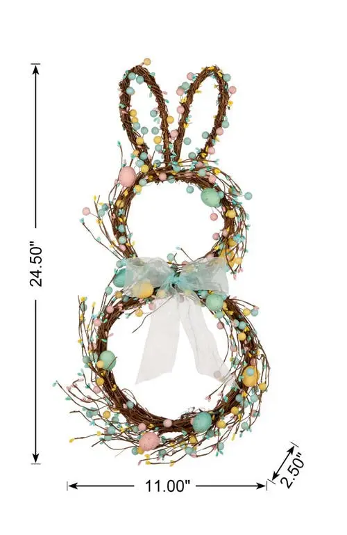 GLITZHOME Easter Bunny Shaped Wreath With Eggs & Satin Ribbon Bow