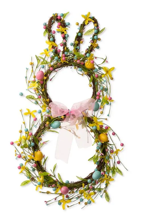 GLITZHOME Easter Bunny Shaped Wreath With Eggs & Satin Ribbon Bow - Yellow