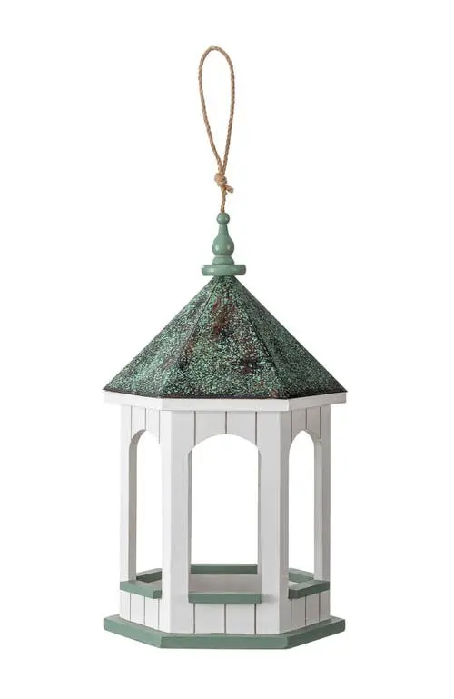 GLITZHOME 15.75"h Wood Gazebo Metal Patina Finish Roof Birdfeeder - Green