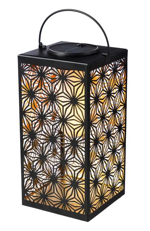 GLITZHOME Metal Cutout Pattern Solar Powered Hanging Lantern With Led Light - Black
