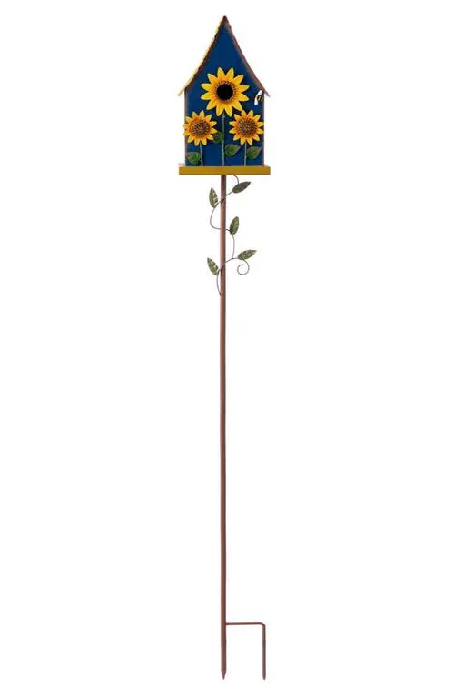 GLITZHOME 52"h Metal Daisy Decorative Garden Birdhouse With Stake - Blue